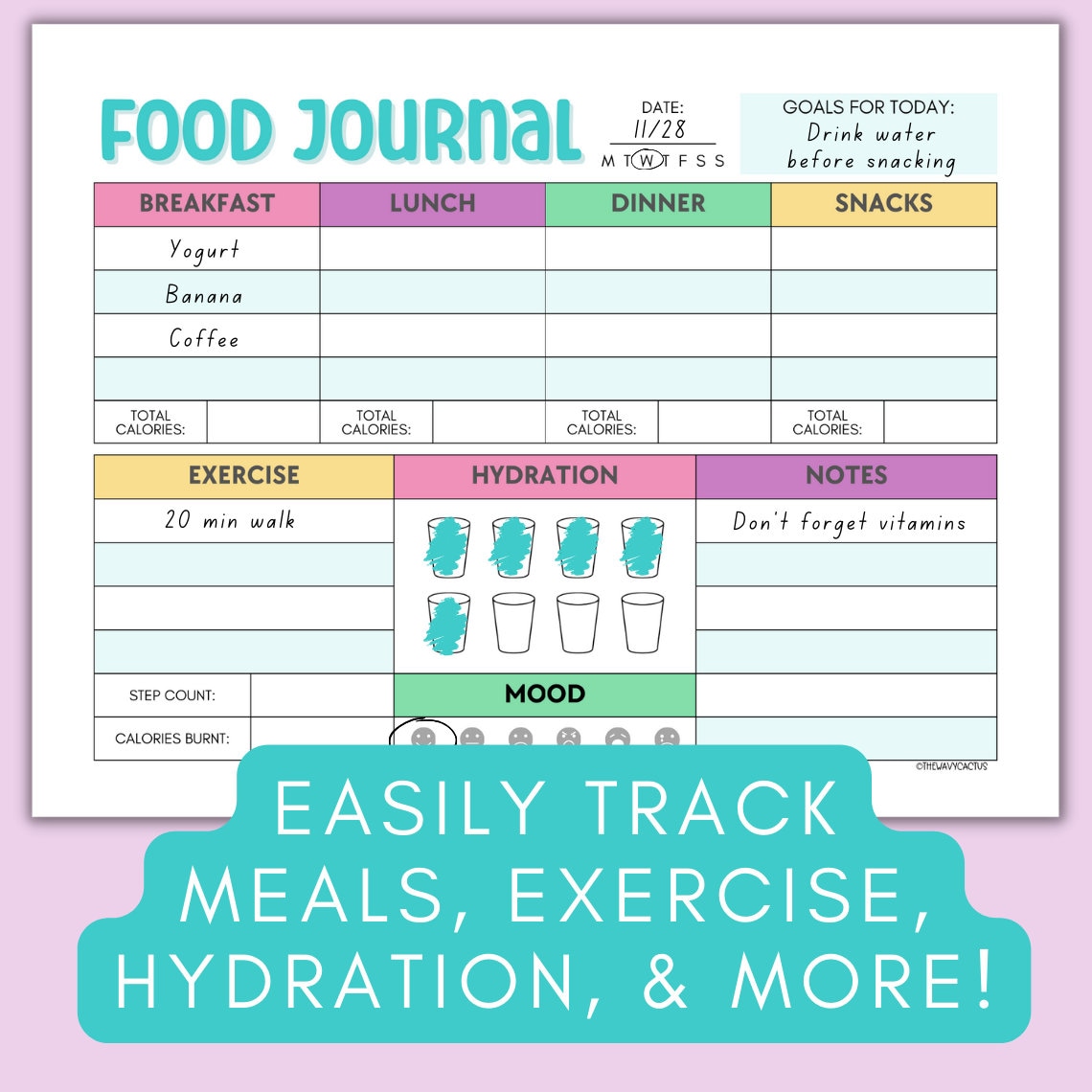 Daily Food Journal Printable, Daily Food Planner, Daily Food Diary Meal ...