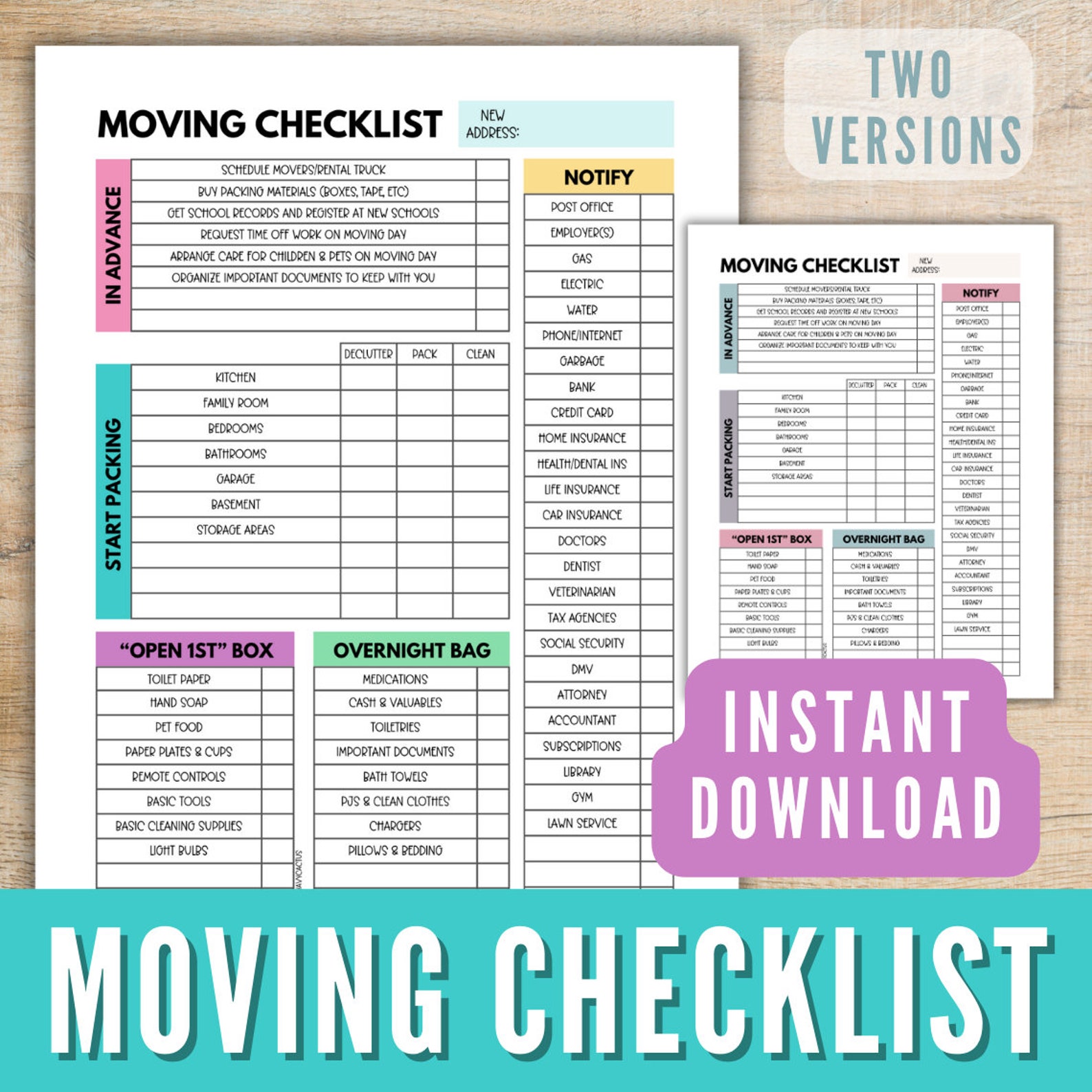 Moving Checklist Printable, Colorful Moving Planner, Relocation ...
