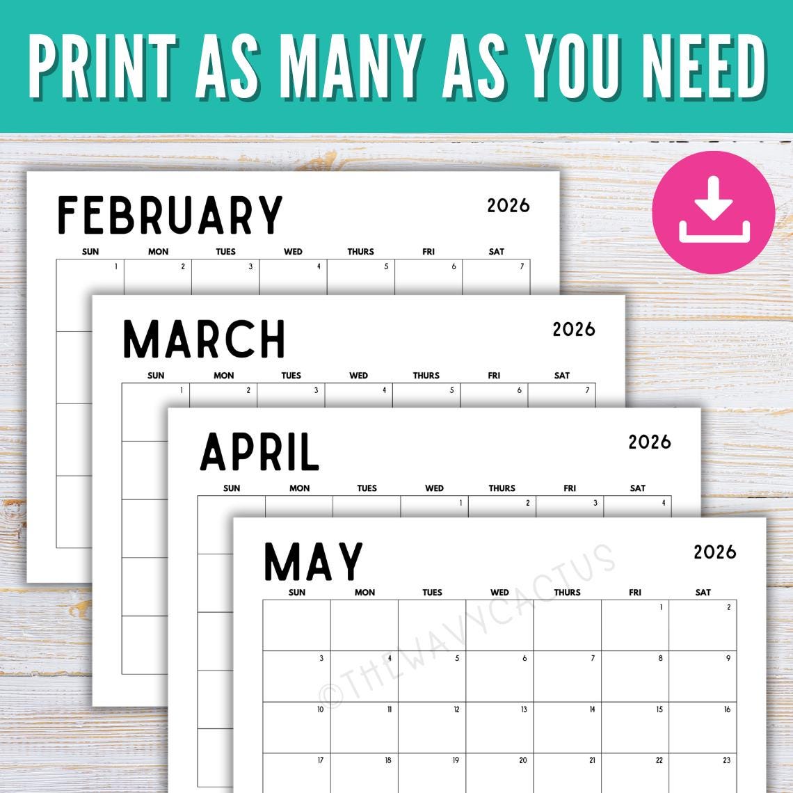 2026 Calendar Printable, Monthly Planner Landscape, Minimal Monthly ...
