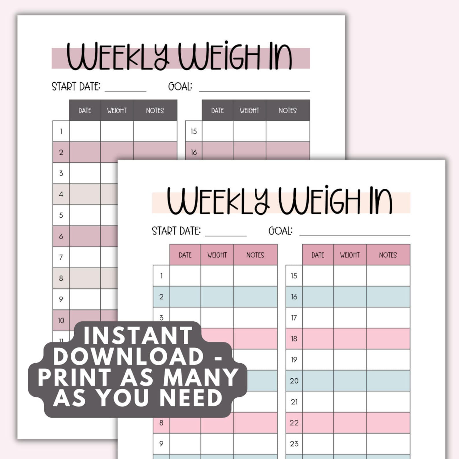 Weekly Weigh in Printable Weight Loss Journey Chart Template Weight ...