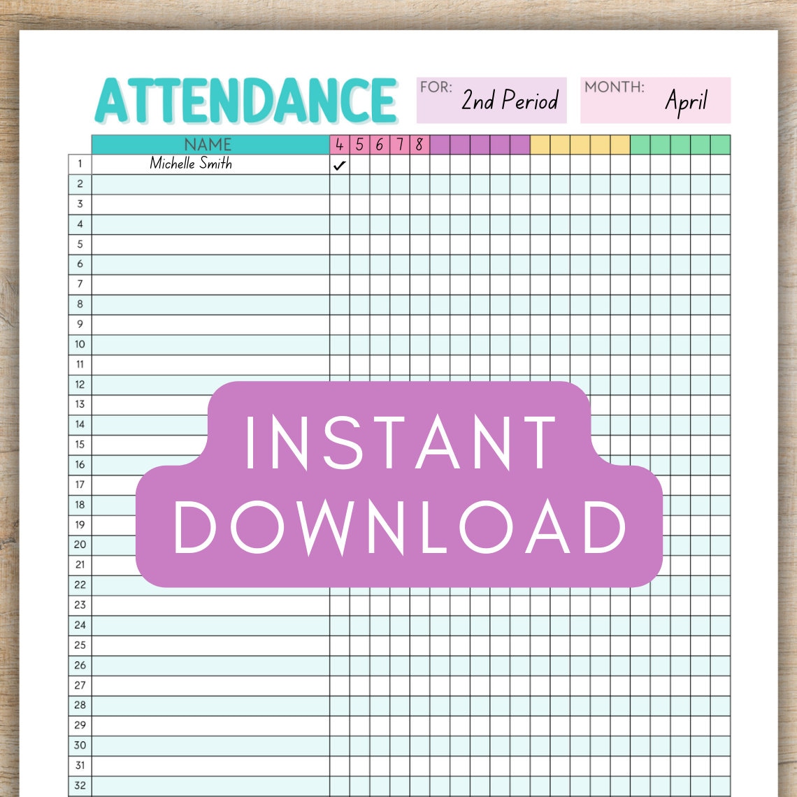 Attendance Tracker Printable, Colorful Attendance Sheet Template, Boho ...