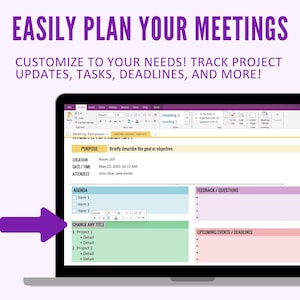 Onenote Meeting Notes Template, Customizable Digital Meeting Agenda ...