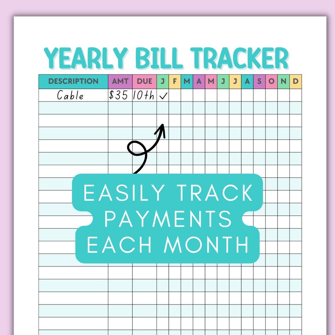 Yearly Bill Tracker Printable, Colorful Bill Payment Checklist, Yearly ...