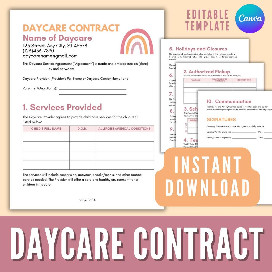 Daycare Contract Template, Editable Daycare Forms, Childcare Forms ...