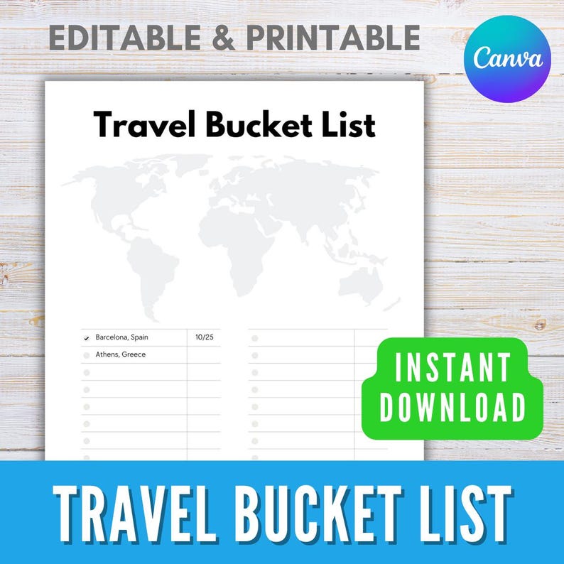 Travel Bucket List Printable Checklist, Editable Adventure Tracker for ...