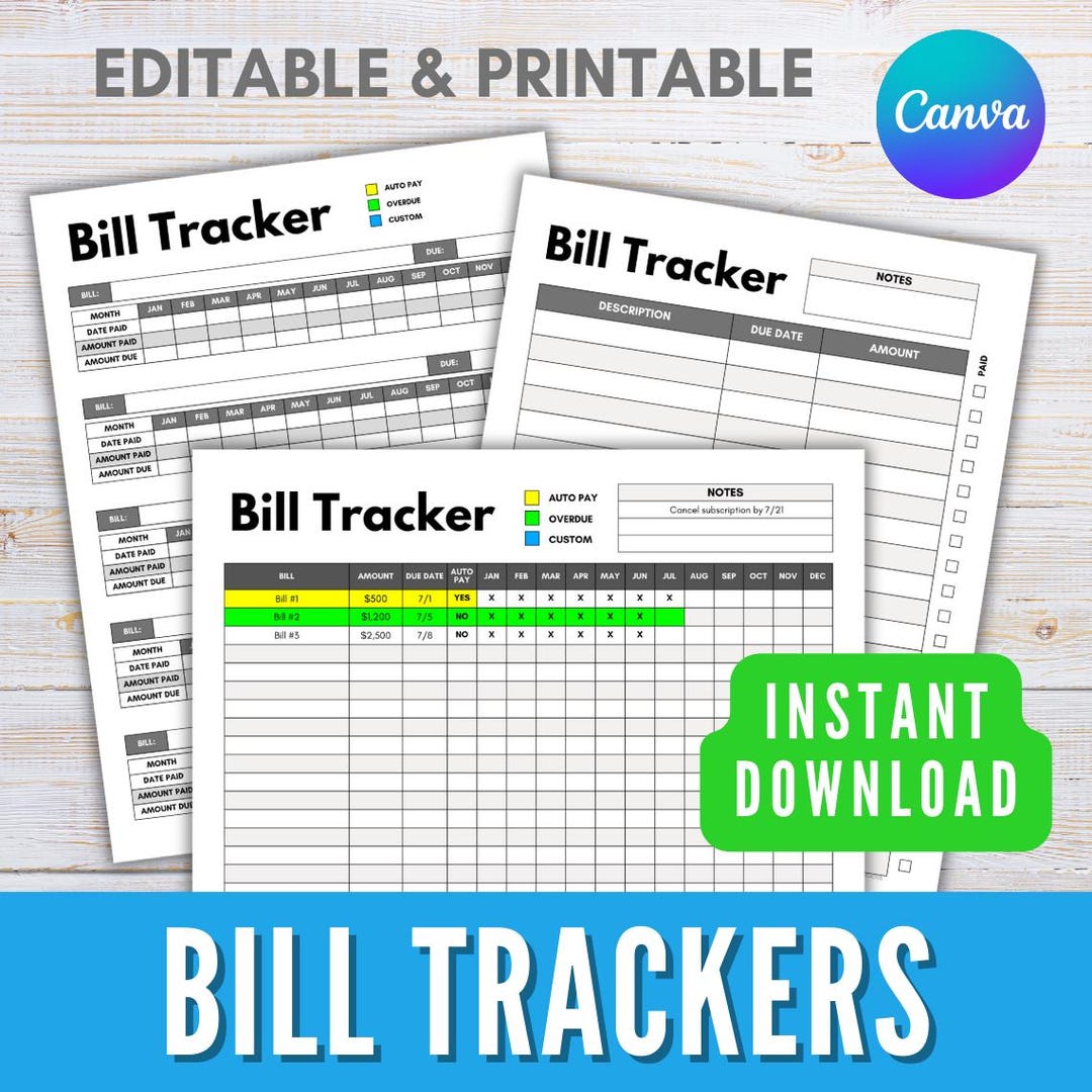 Printable Bill Trackers PDF & Editable Canva Templates, Bill Payment ...