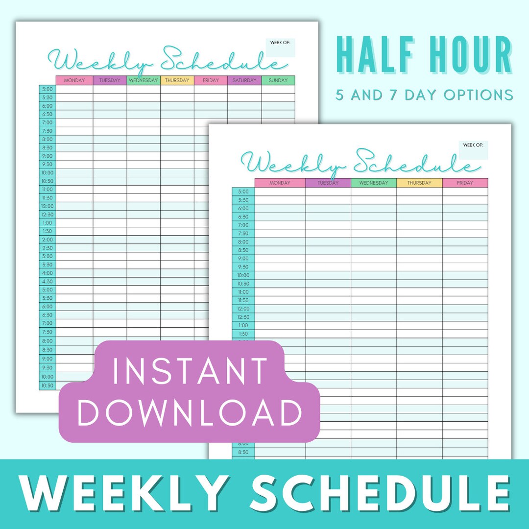 Weekly Half Hour Planner Printable Weekly Schedule, Daily Planner ...