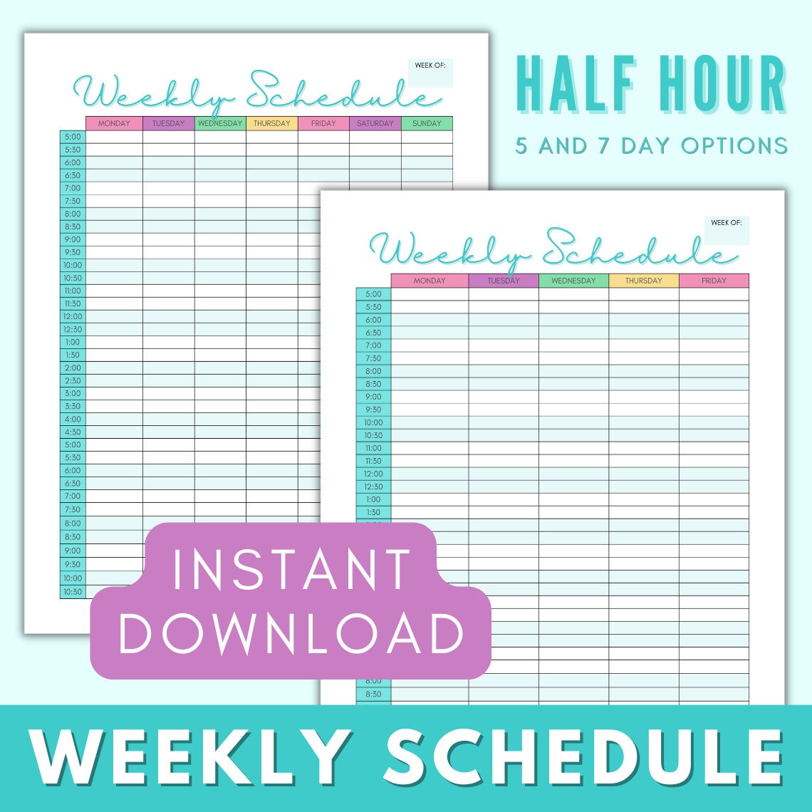 Weekly Half Hour Planner Printable Weekly Schedule, Daily Planner ...
