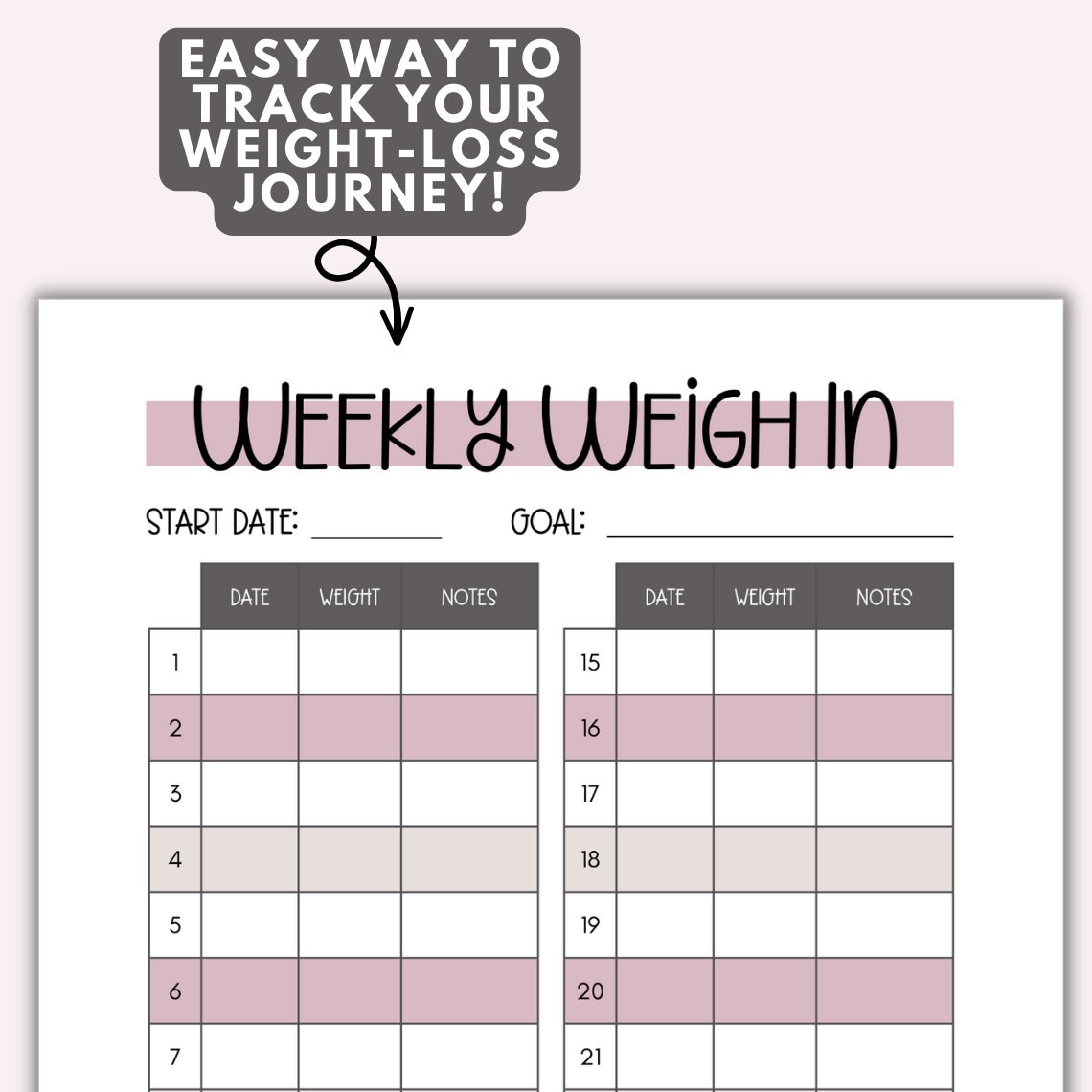 Weekly Weigh in Printable Weight Loss Journey Chart Template Weight ...