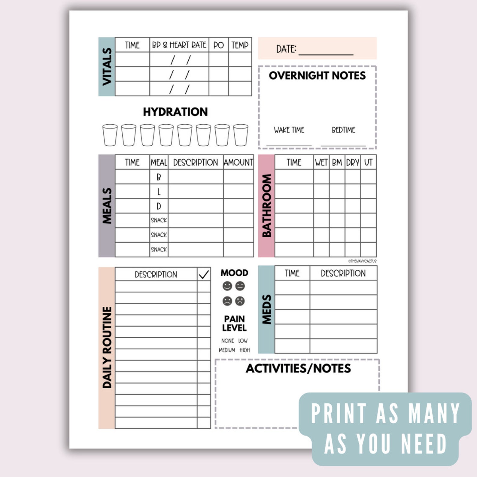 Caregiver Log Printable With Overnight Notes, Caregiver Daily Log ...