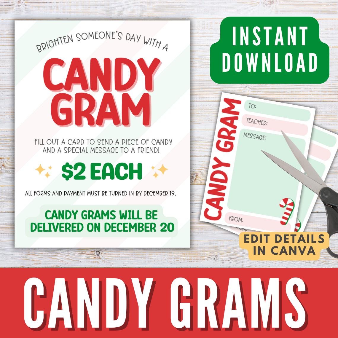 Candy Grams Template Printable, Editable PTA Holiday Event, Canva ...