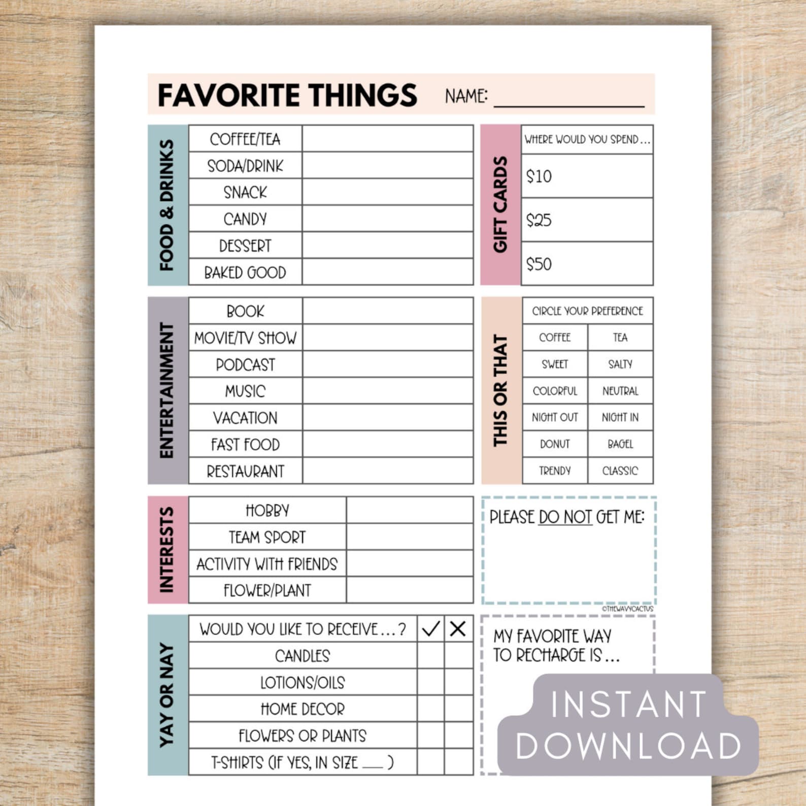 Favorite Things Survey Printable, Coworker Questions, All About Me ...