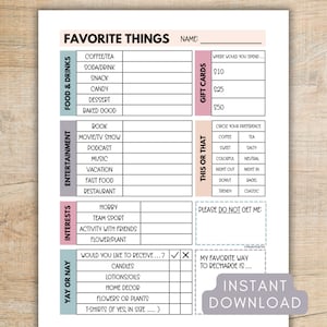 Favorite Things Survey Printable, Coworker Questions, All About Me ...