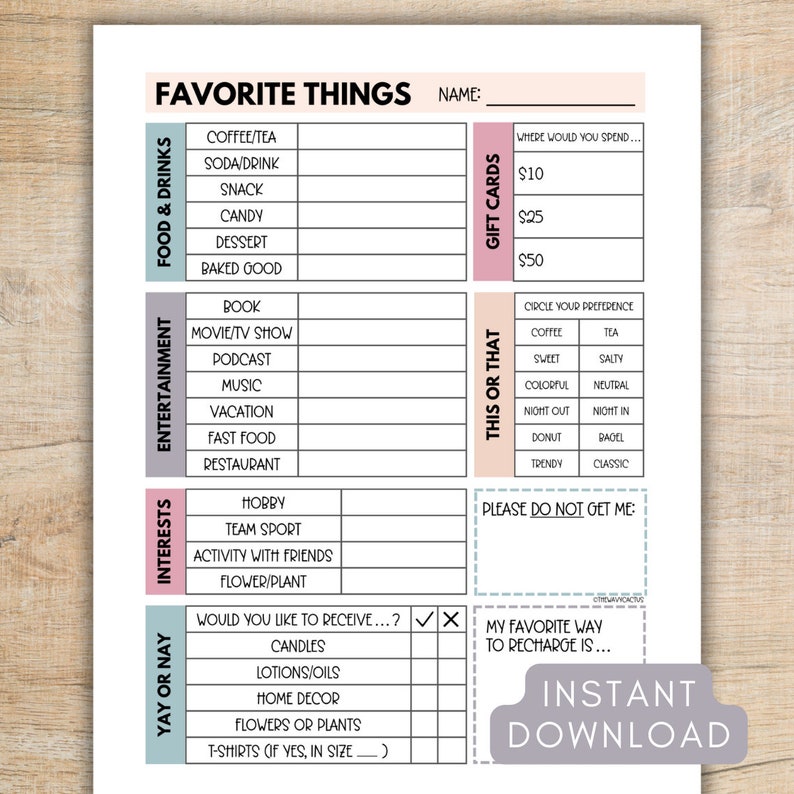 Favorite Things Survey Printable, Coworker Questions, All About Me ...