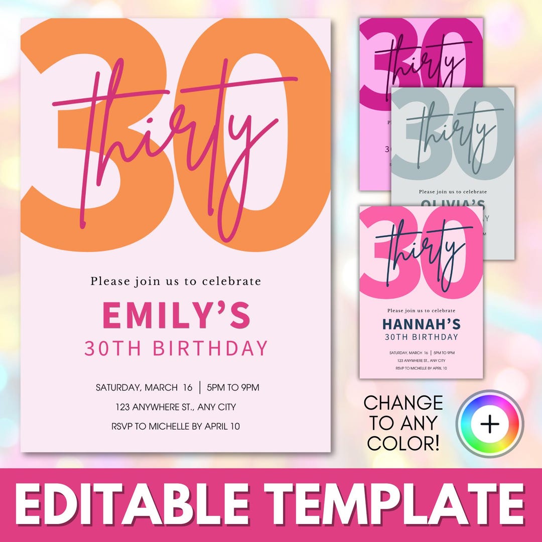 30th Birthday Invitation for Her Template, Colorful 30th Birthday Party ...