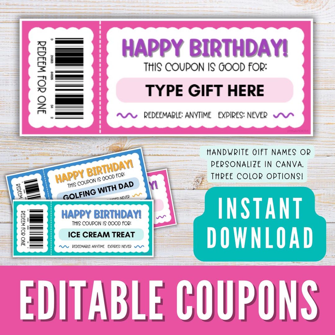 Happy Birthday Coupon Template, Editable Canva Template Gift Coupons ...
