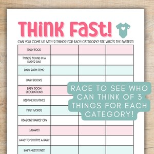 Think Fast Baby Shower Game Printable, Baby-themed Category Party Game ...