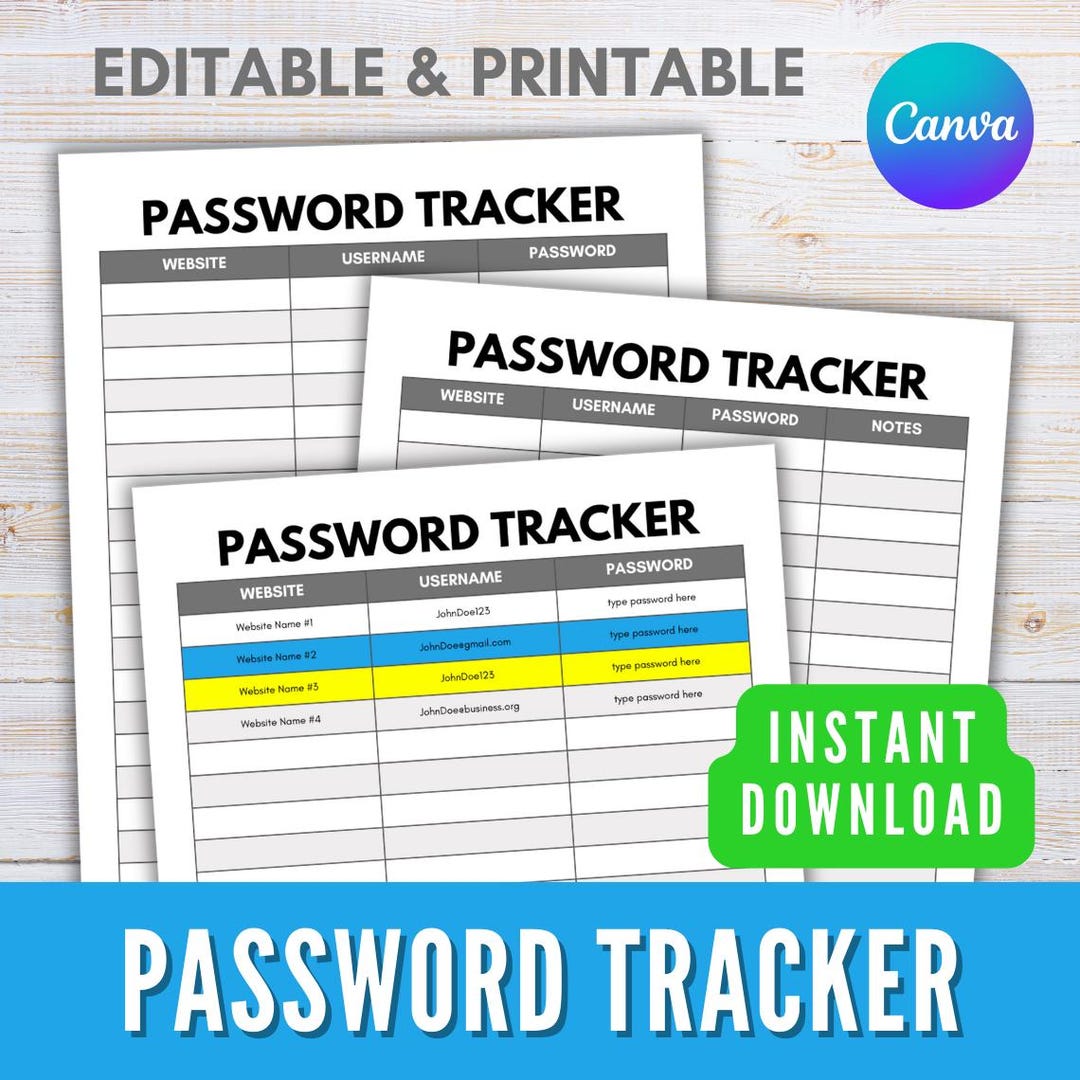 Printable Password Tracker PDF & Editable Canva Templates, Digital ...