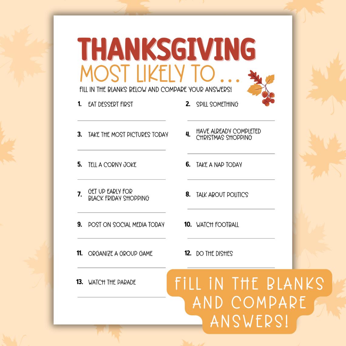 Most Likely to Thanksgiving Group Game, Thanksgiving Game Printable ...