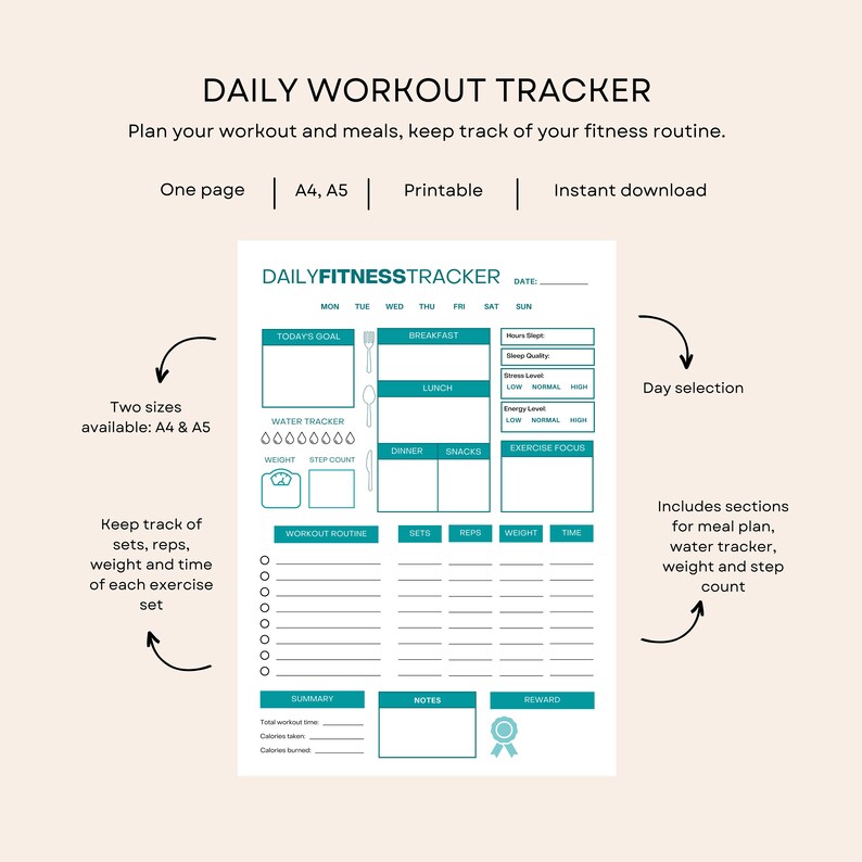 Daily Workout Tracker, Daily Exercise, Fitness Journal, Workout Planner ...