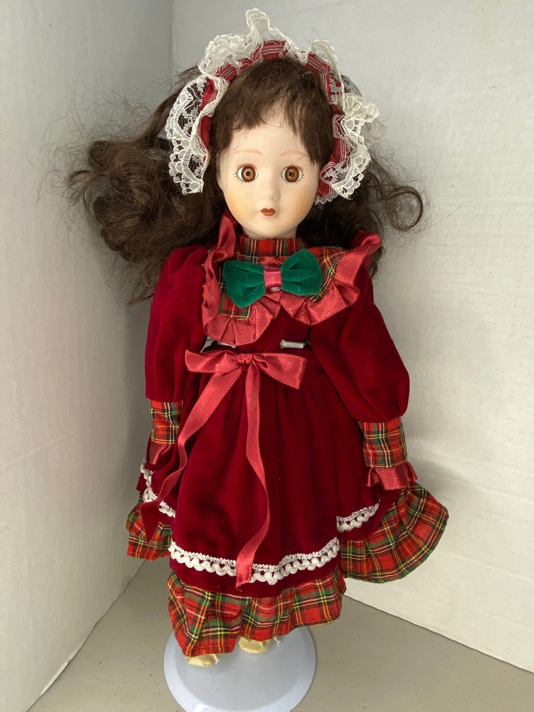 Porcelain Doll Red Velvet Dress With Green Bow - Etsy