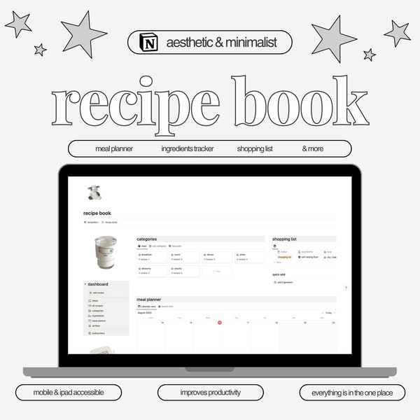Recipe Book Meal Planner Notion Template Recipe Planner Digital Planner Aesthetic Notion Grey ...