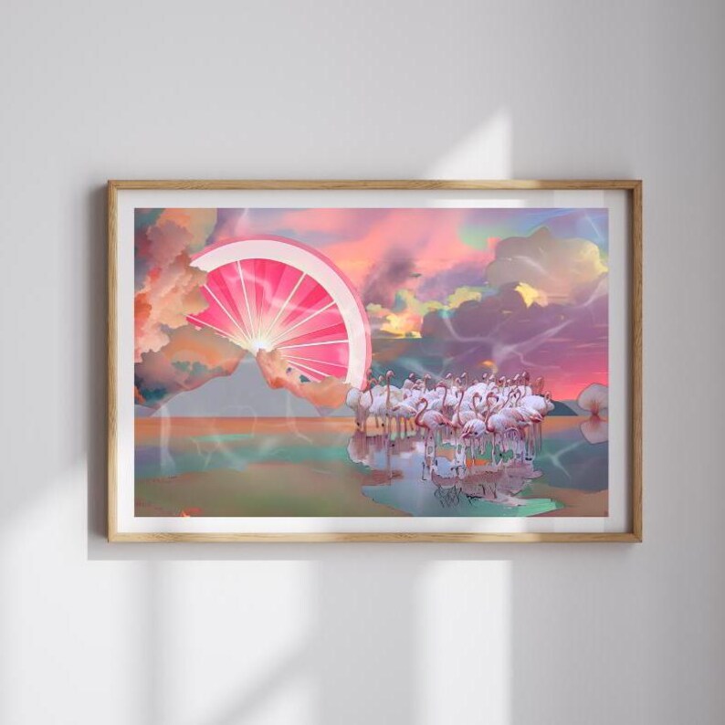Surreal Flamingo Sunset Art Print - Vibrant Dreamy Landscape With Pink ...
