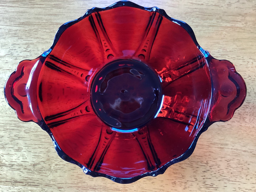 Vintage Ruby Red Glass Bowl With Handles and Decorative Accents - Etsy