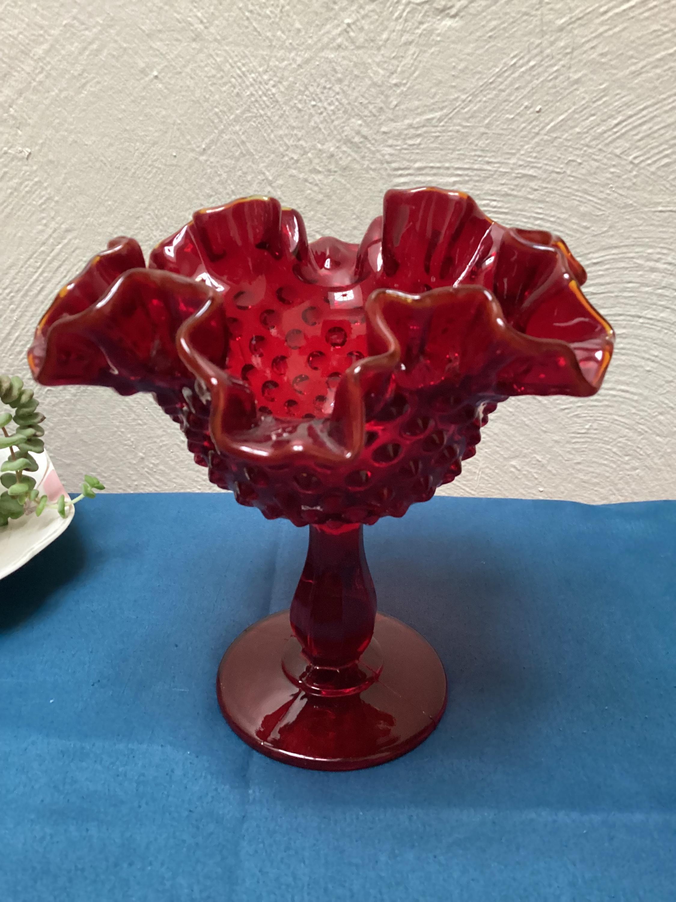 Red Hobnail Glass Pedestal Colonial Candy Dish Fenton Style - Etsy