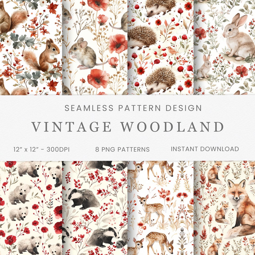 Vintage Woodland Animals Seamless Patterns, Watercolor Digital Paper ...