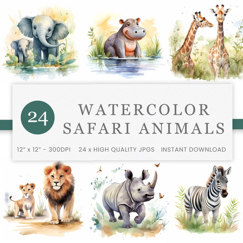 Safari Animals Watercolor Clipart, JPG Bundle, Instant Download, 24 ...