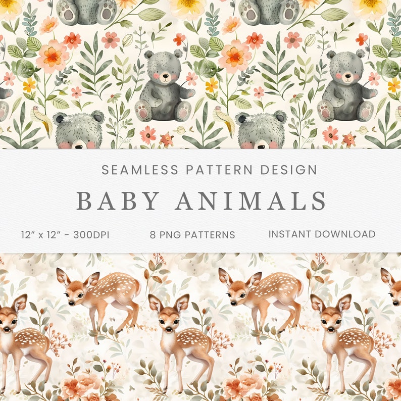 Baby Woodland Animals, Seamless Patterns, Digital Paper, Instant ...