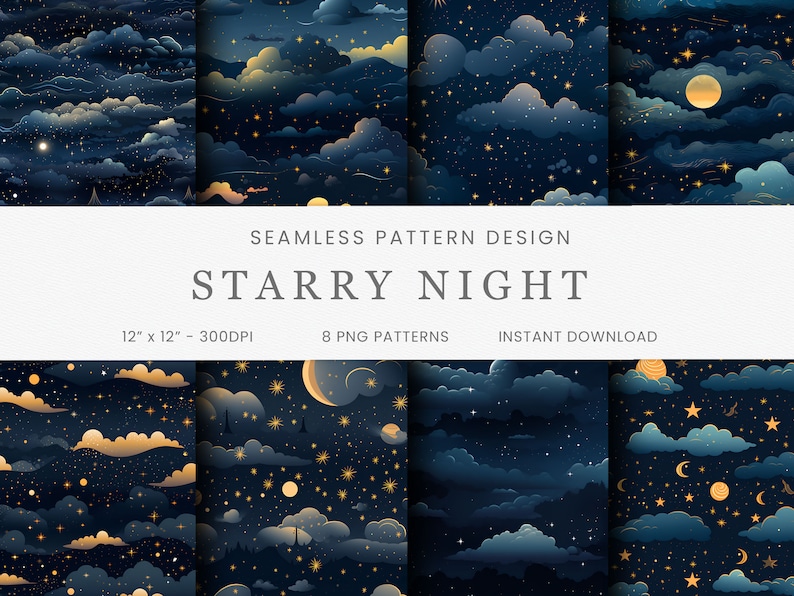 Seamless Patterns Starry Night Sky Digital Paper Pack Instant Download ...
