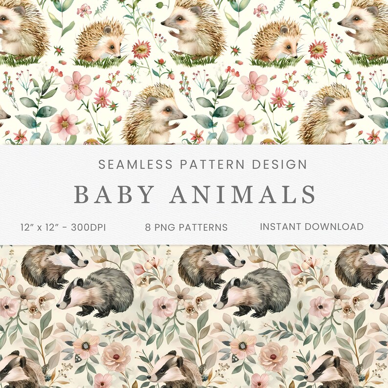 Baby Woodland Animals, Seamless Patterns, Digital Paper, Instant ...
