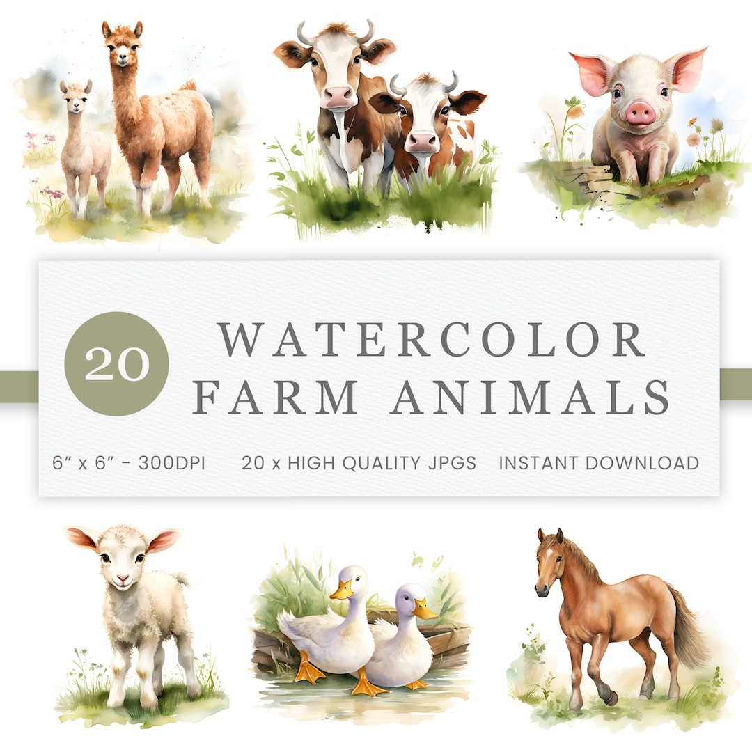 Farm Animals Watercolor Clipart, JPG Bundle, Instant Download, 20 High ...