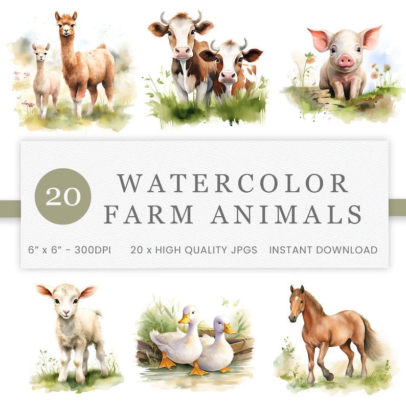 Farm Animals Watercolor Clipart, JPG Bundle, Instant Download, 20 High ...