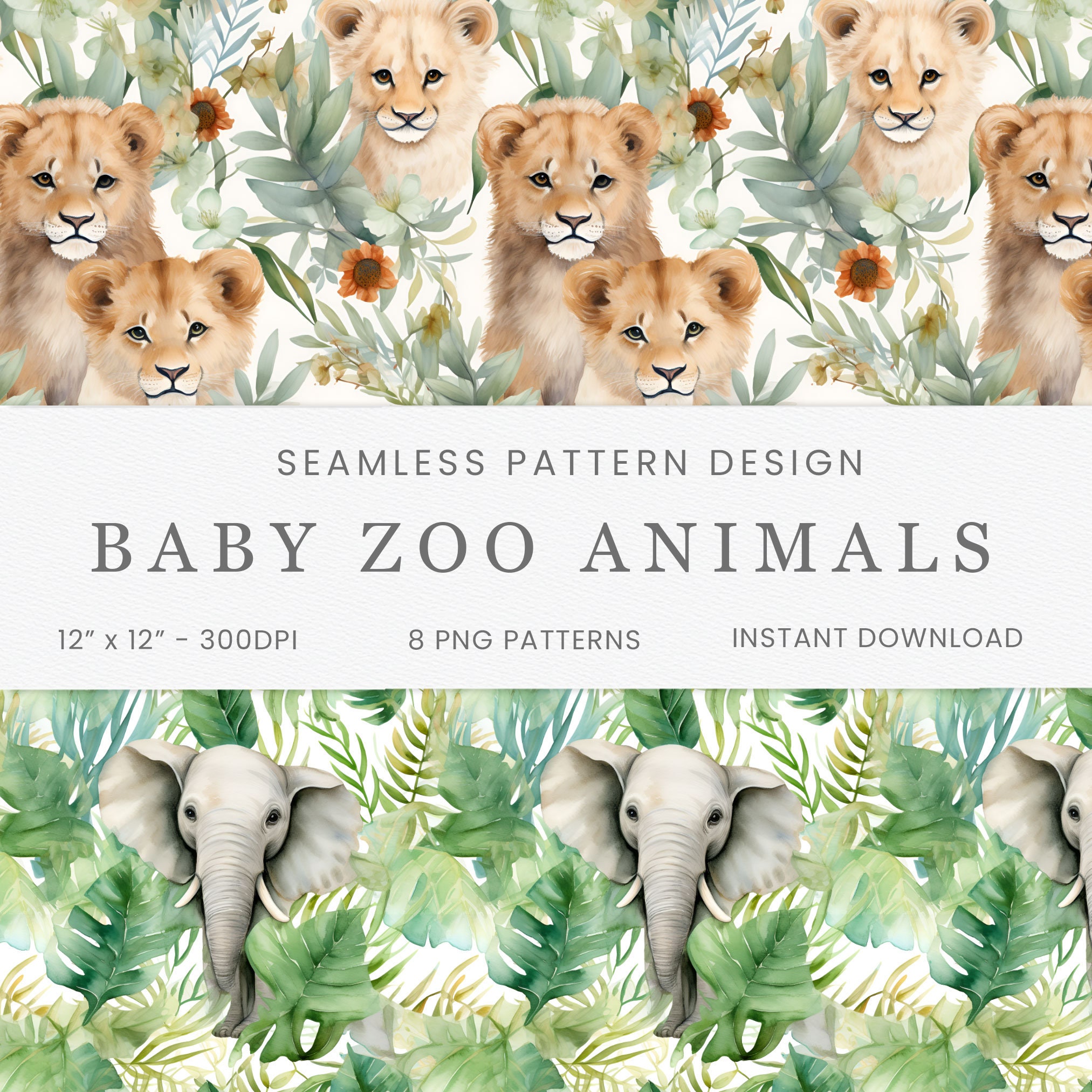 Baby Zoo Animals, Watercolor Seamless Patterns, Digital Paper, Zoo ...