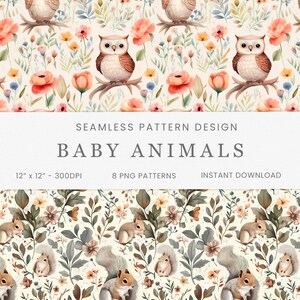 Baby Woodland Animals, Seamless Patterns, Digital Paper, Instant ...