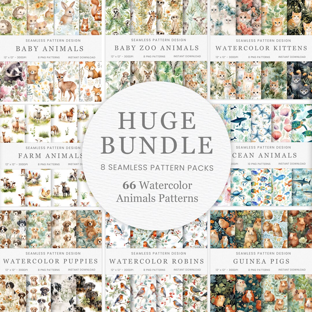 Seamless Patterns Bundle, Watercolor Animals, Backgrounds, Printable ...