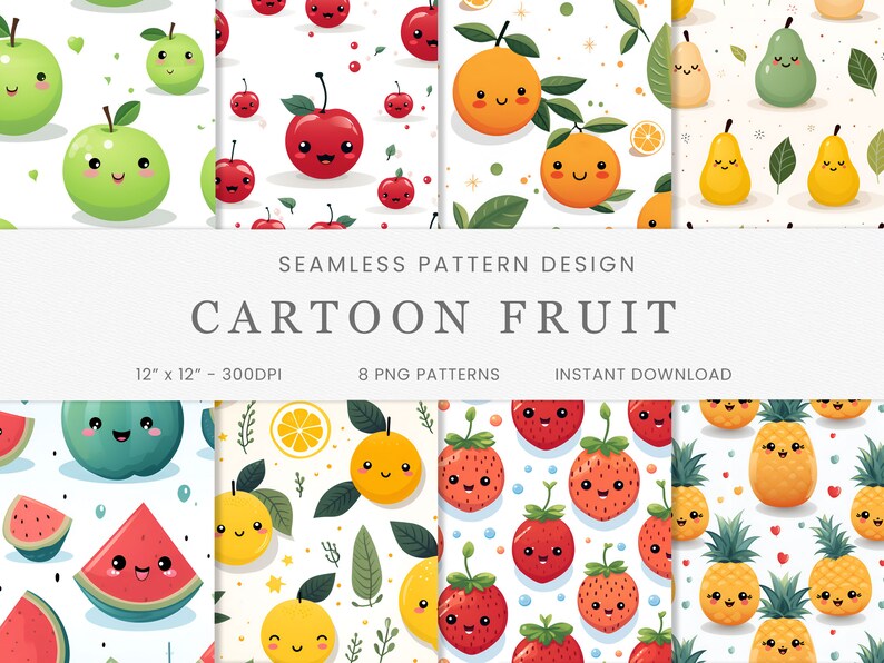 Fruit Clipart, Cartoon Seamless Pattern, Digital Paper, Instant Fruit ...