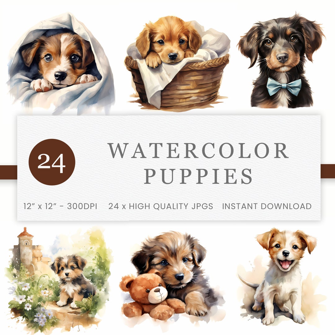 Puppies Watercolor Clipart, JPG Bundle, Instant Download, 24 High ...