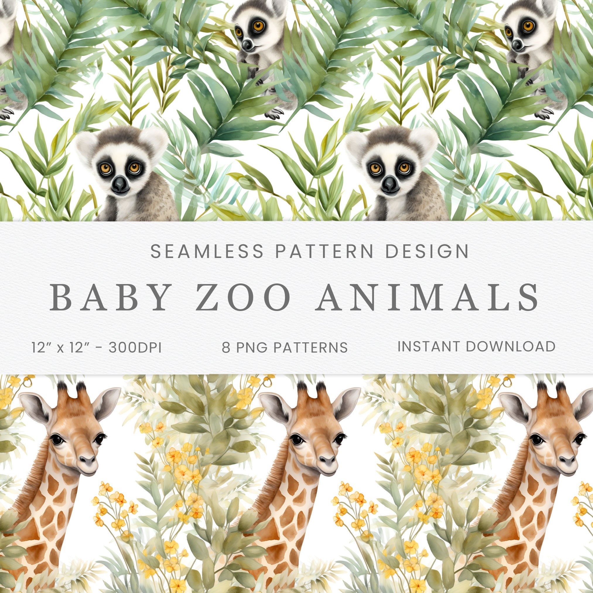 Watercolor Baby Zoo Animals Seamless Patterns: Nursery Digital Paper ...