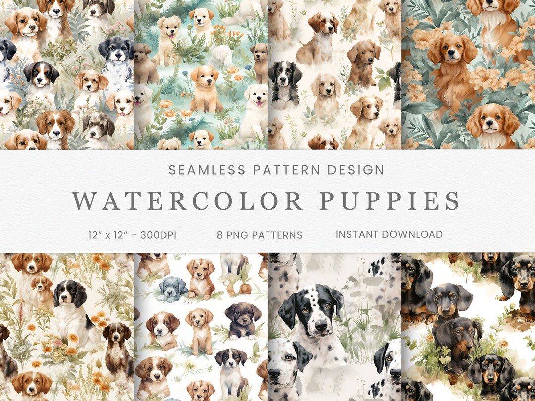 Puppy Patterns, Digital Seamless Paper, Instant Download, Watercolor ...