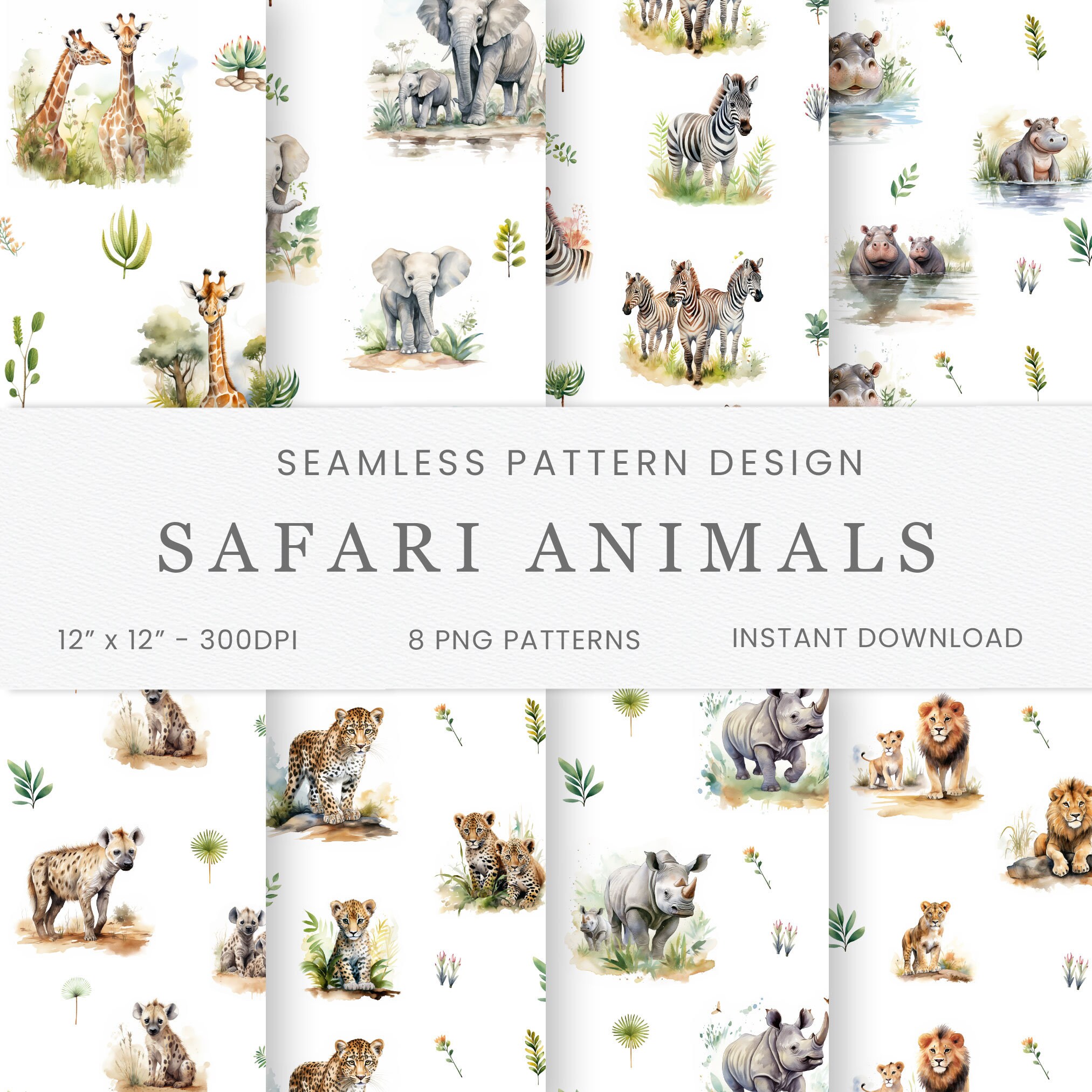 Safari Animals Seamless Patterns for Fabric, Digital Paper, Instant ...