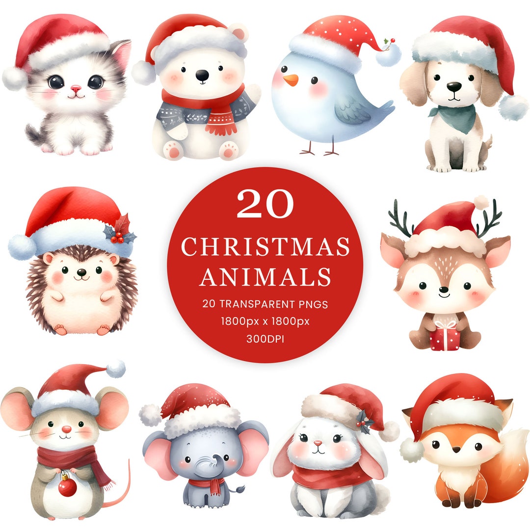 Christmas Clip Art Watercolor Cute Animals Bundle 20 Pngs Transparent ...