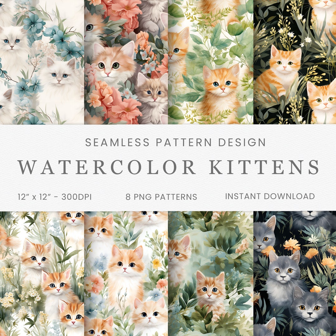 Watercolor Kittens Pattern, Digital Seamless Paper, Instant Download ...
