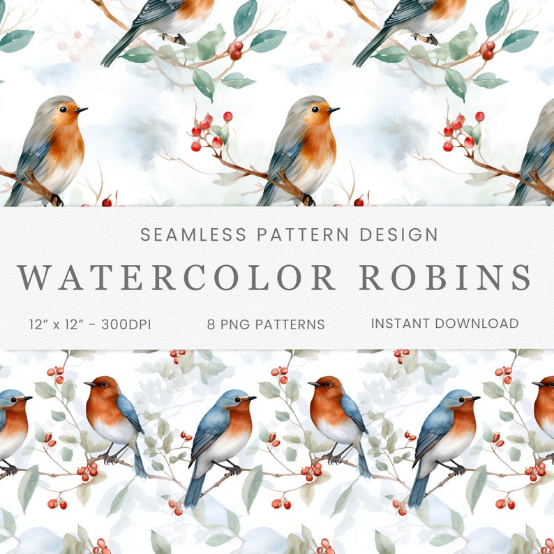 Robin Watercolor Seamless Patterns, Christmas Digital Paper, Instant ...