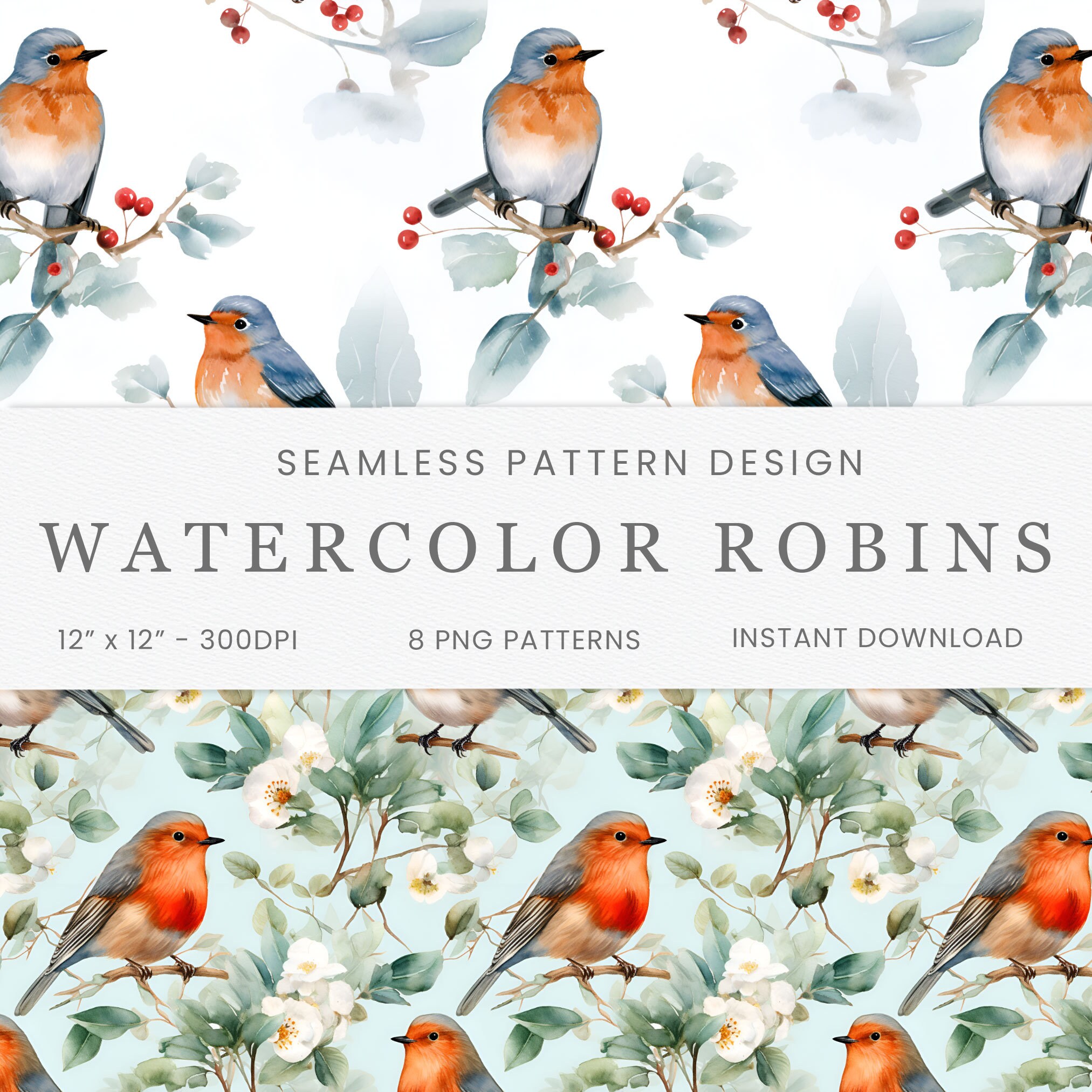Robin Watercolor Seamless Patterns, Christmas Digital Paper, Instant ...