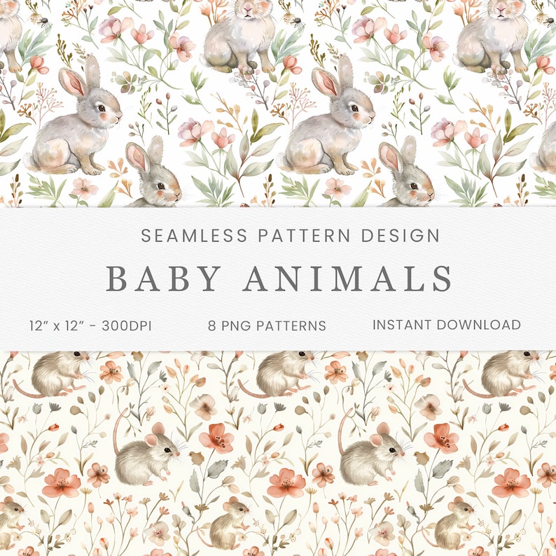 Baby Woodland Animals, Seamless Patterns, Digital Paper, Instant ...