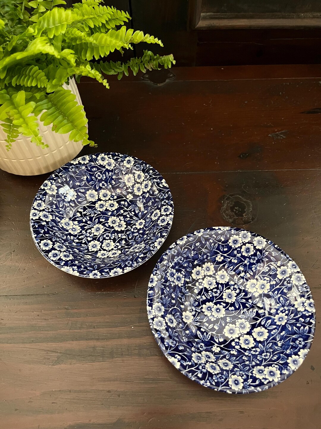 Set of 2 Vintage Blue Calico Chintz Bowls by Crownford, Staffordshire ...